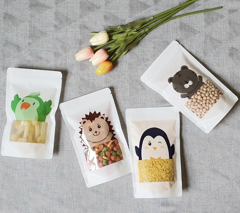 Cute Animal Goodies Bags | Reusable Stand Up Pouch with Clear Window | Zipper Closure | Resealable | Heat-Sealable | Great for Gift & Small Business (3 SIZE, 24, Count)