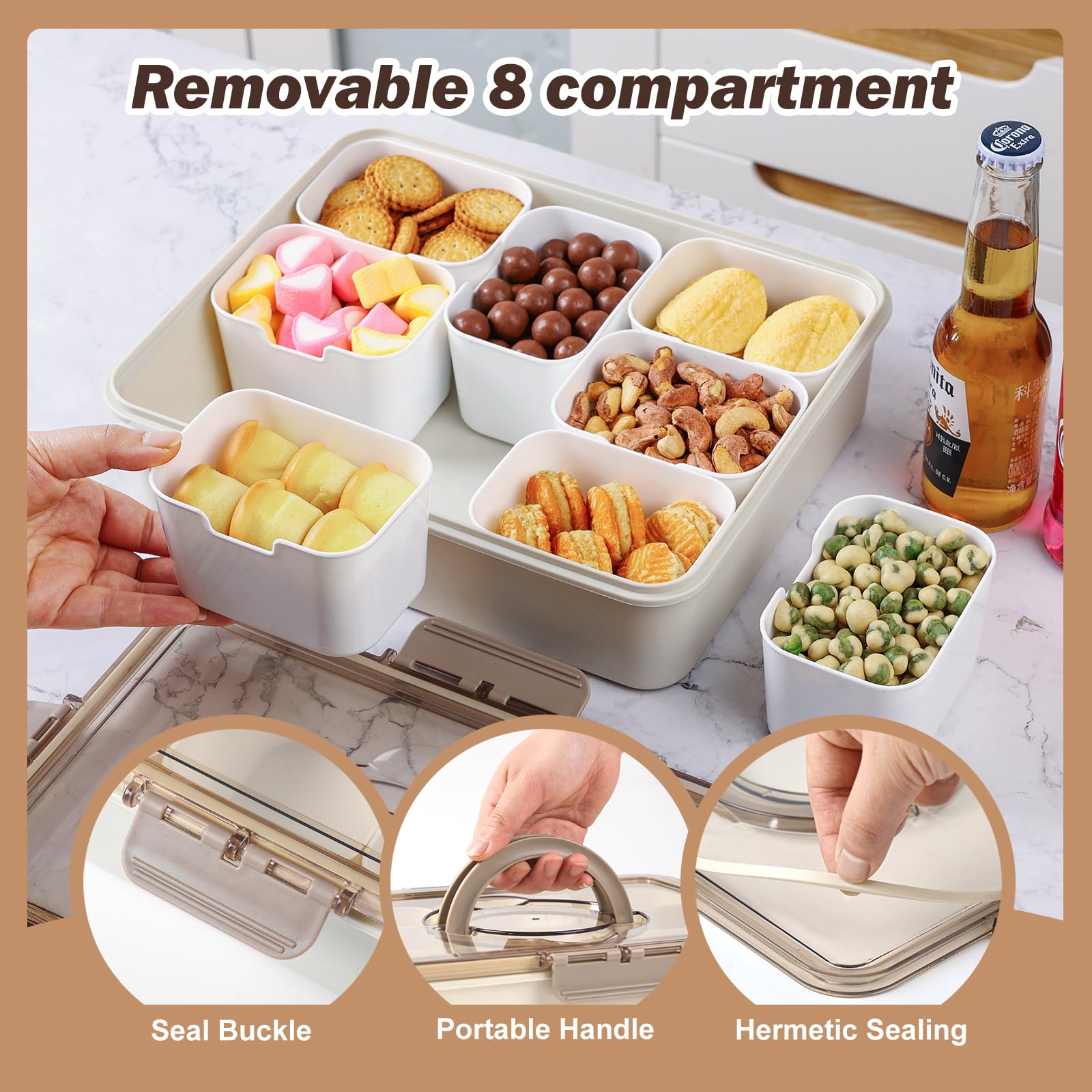 Platters-Snackle Box Charcuterie Container,Divided Serving Tray with Lid and Handle for Fridge,Snack Box Container Portable,8 Compartment Fruits Candy Veggie Trays,Perfect for Party Travel Picnic