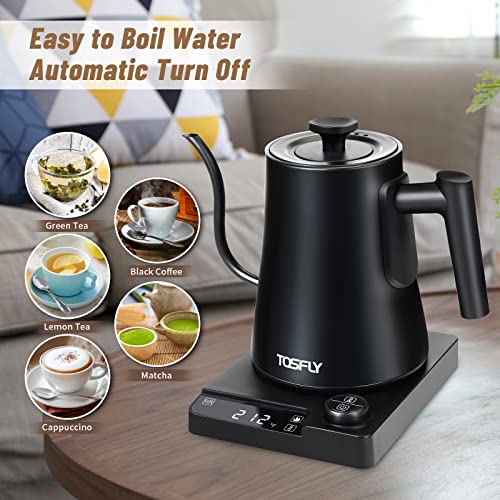 Tosfly Gooseneck Electric Kettle - 1200W 1.0L Pour-Over Kettle with LED Display Stainless Steel Coffee Kettle with Temperature Control Leak-Proof, Automatic Shut Off, Anti-dry Protection Tea Kettle