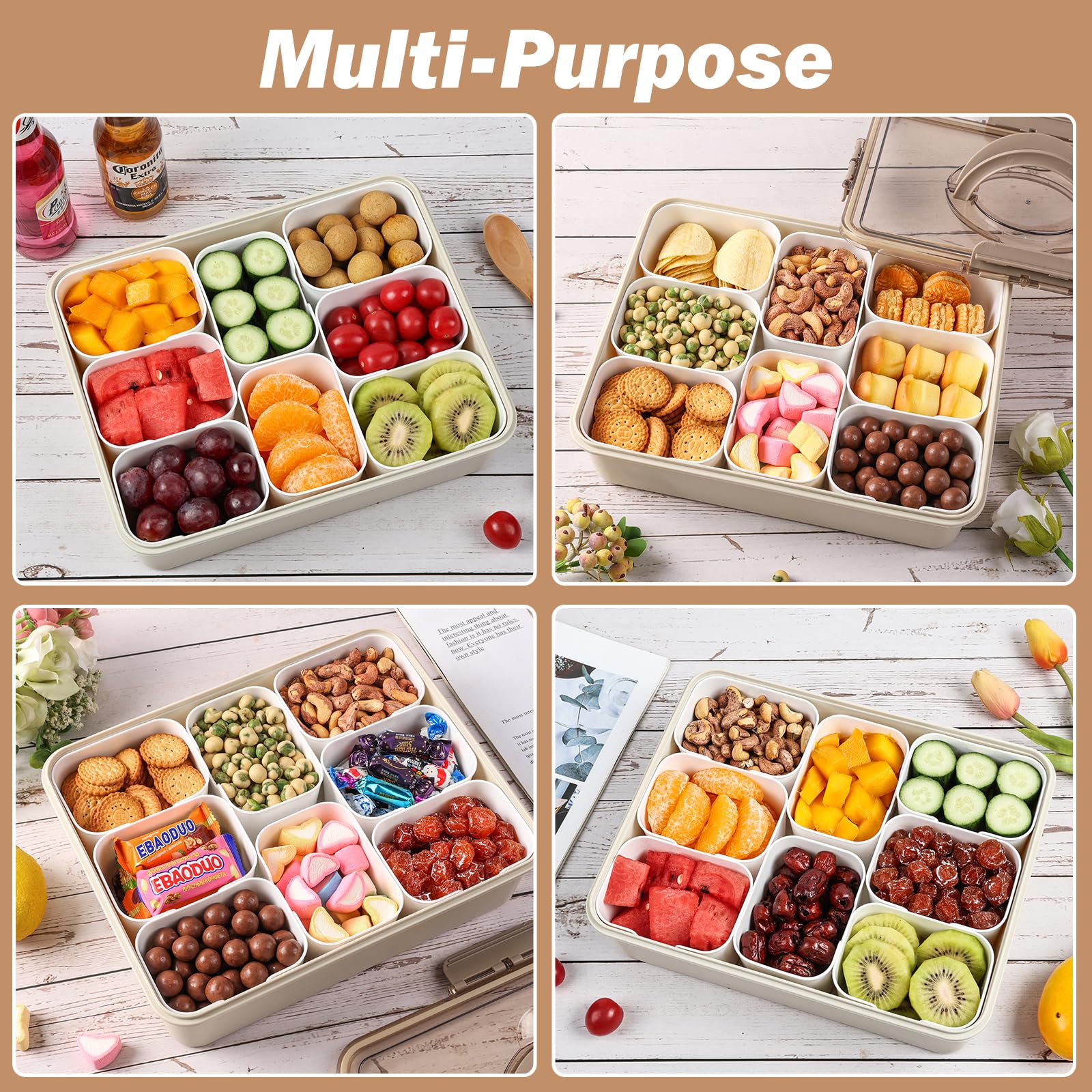 Platters-Snackle Box Charcuterie Container,Divided Serving Tray with Lid and Handle for Fridge,Snack Box Container Portable,8 Compartment Fruits Candy Veggie Trays,Perfect for Party Travel Picnic