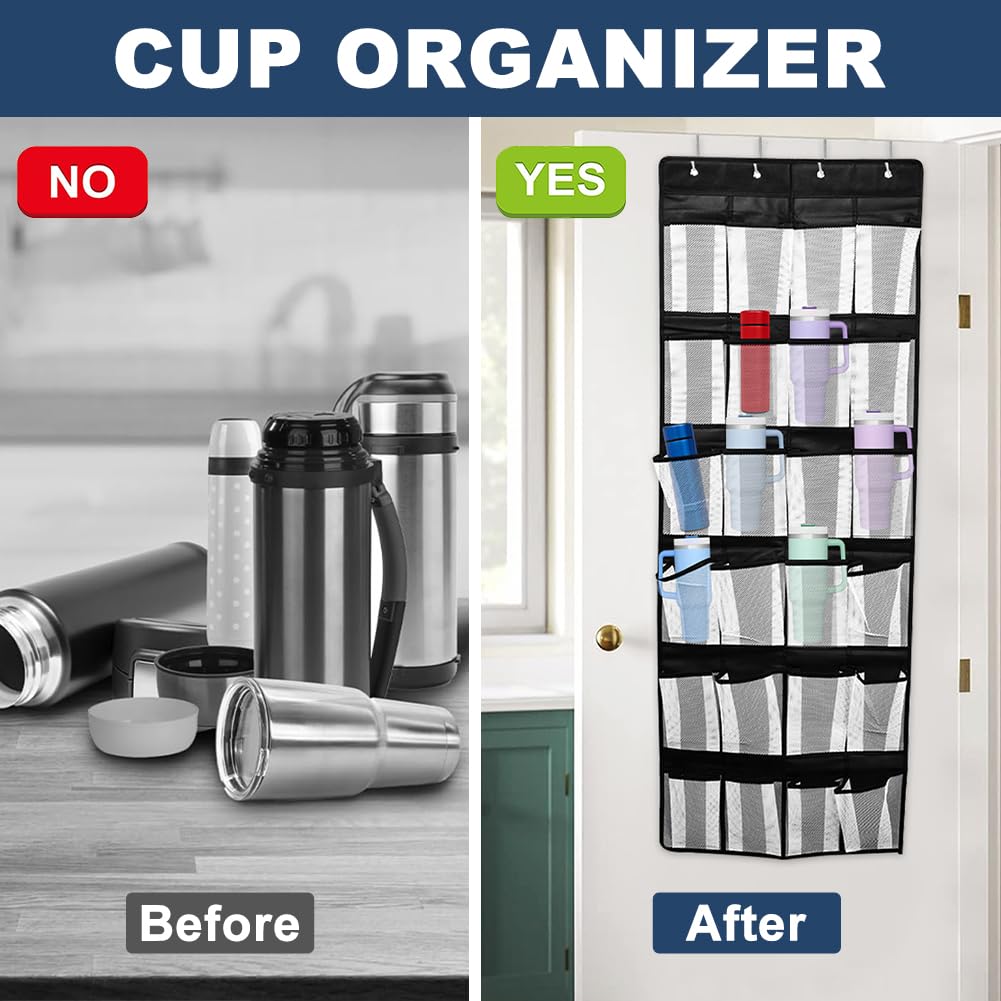NINEFOX 24 Pockets for Stanley Cup Organizer, Rain Cup Organizer for Stanley Cup, with Hooks, Foldable, for Home, Kitchen, Classroom, 32*27*2.5cm, Black, 22359885