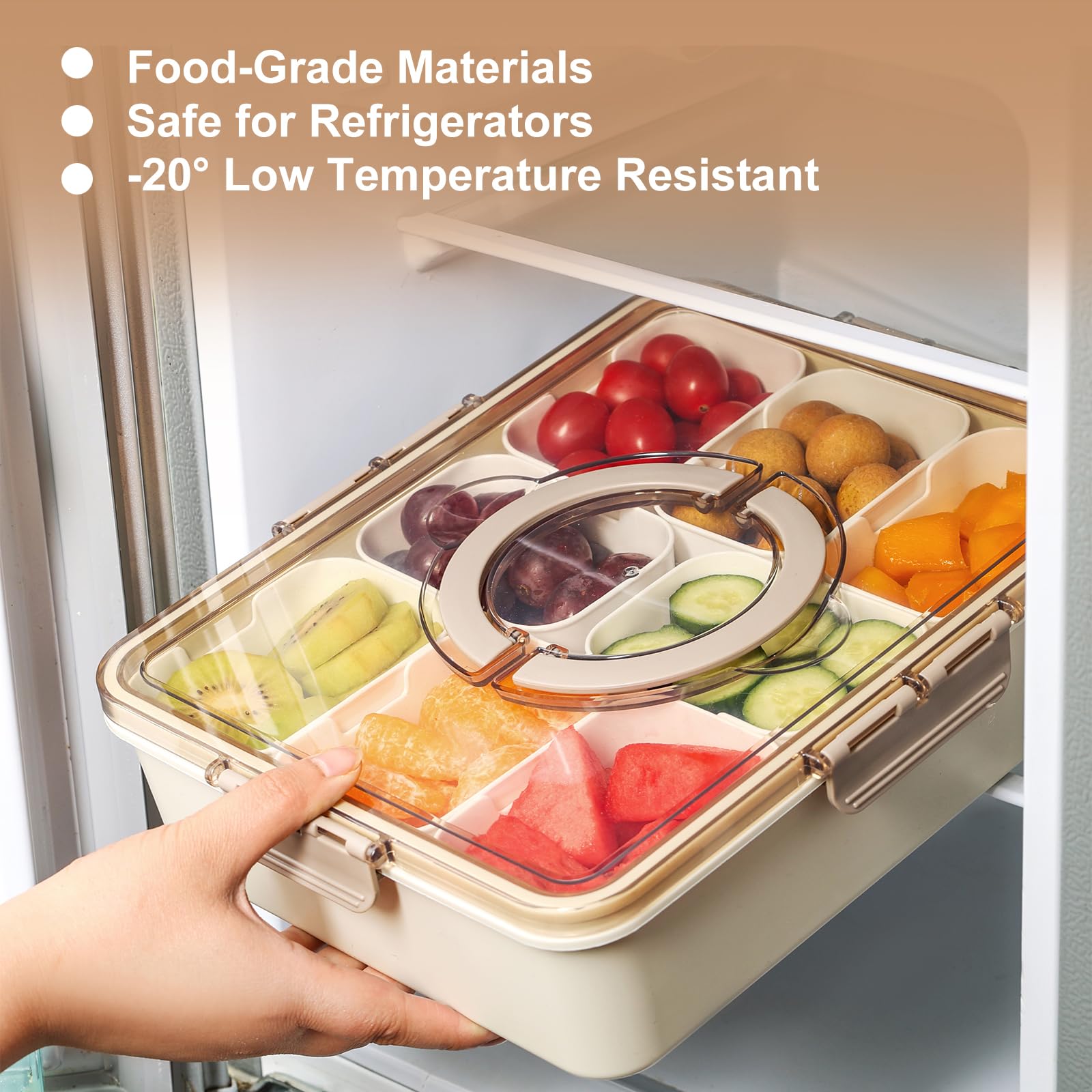 Platters-Snackle Box Charcuterie Container,Divided Serving Tray with Lid and Handle for Fridge,Snack Box Container Portable,8 Compartment Fruits Candy Veggie Trays,Perfect for Party Travel Picnic