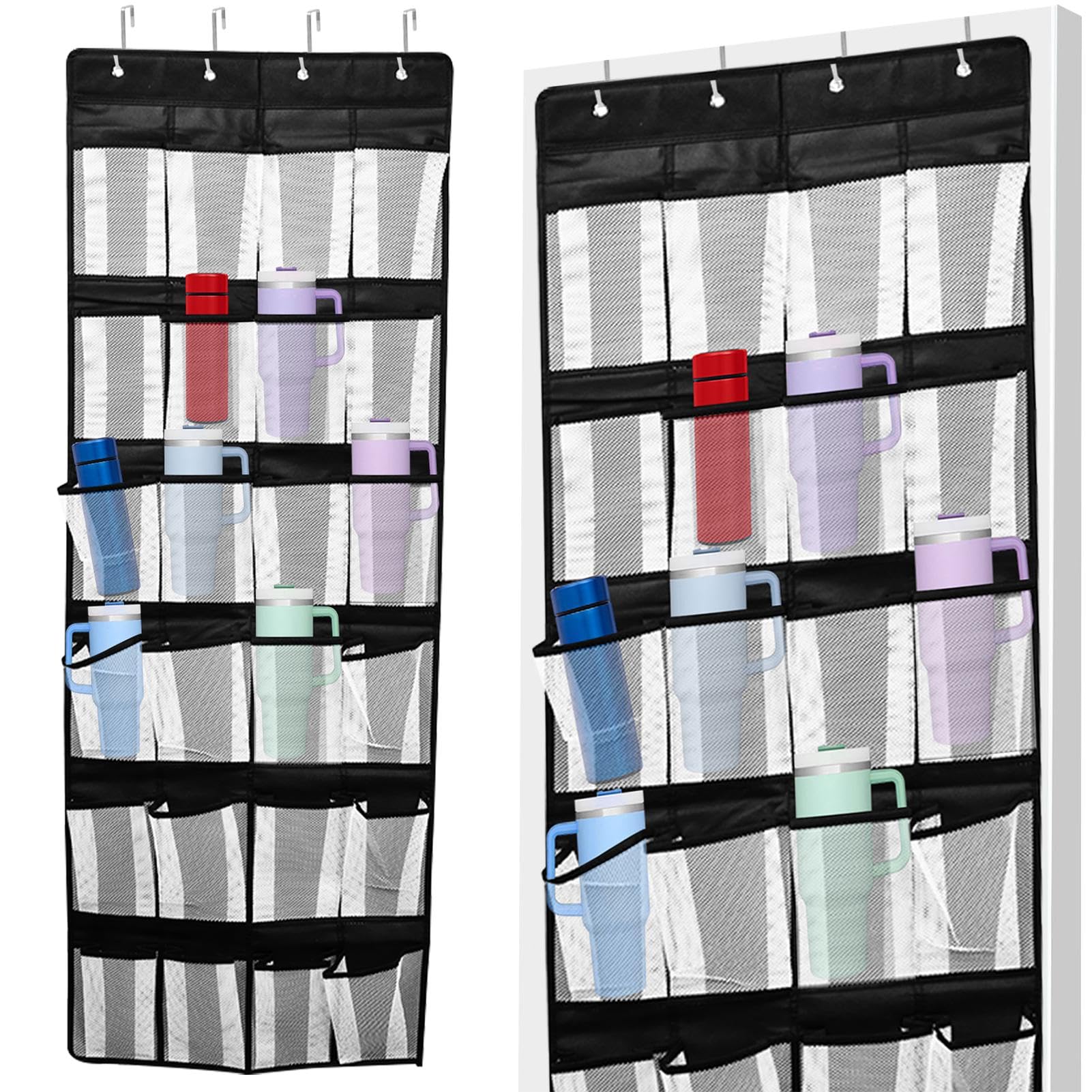 NINEFOX 24 Pockets for Stanley Cup Organizer, Rain Cup Organizer for Stanley Cup, with Hooks, Foldable, for Home, Kitchen, Classroom, 32*27*2.5cm, Black, 22359885