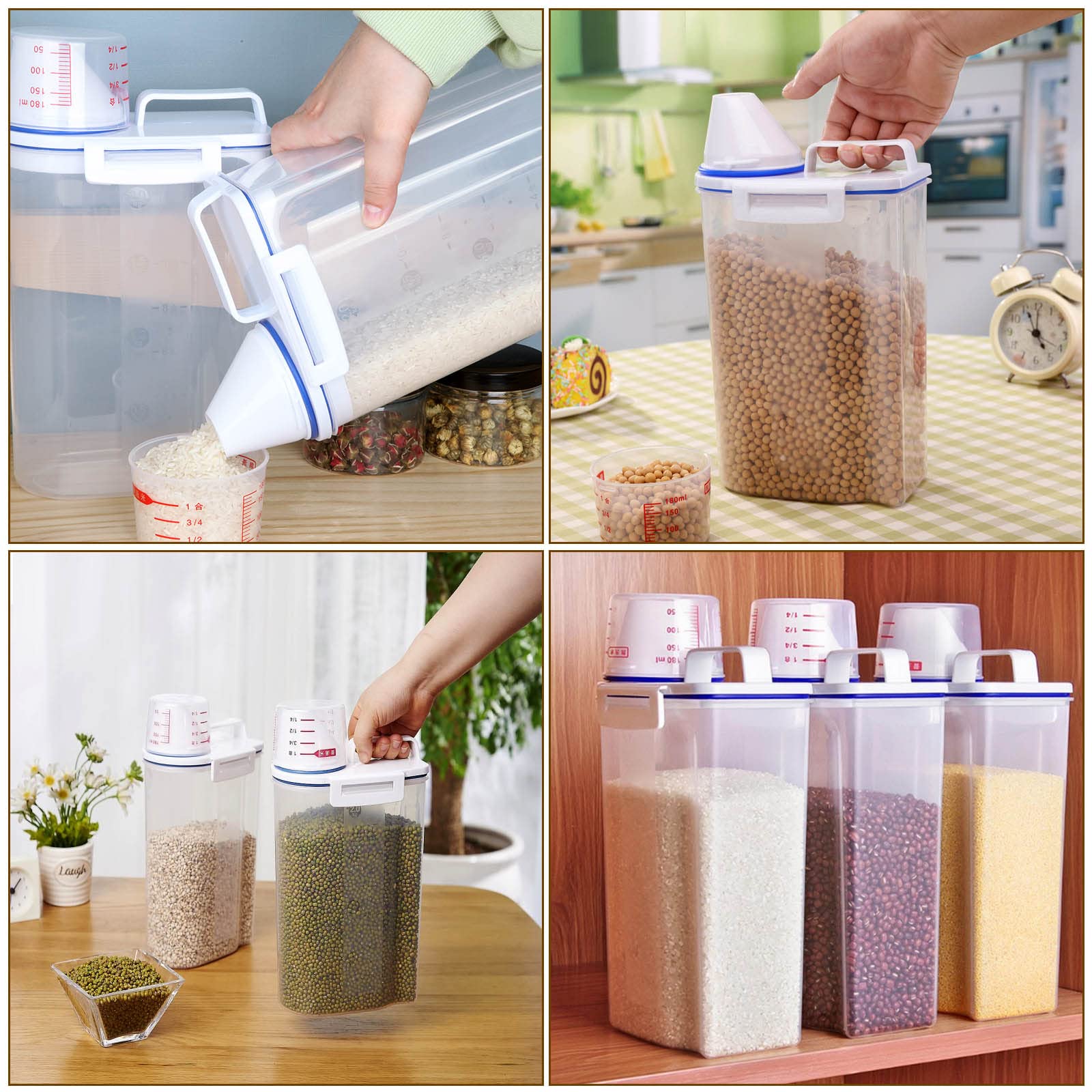 LDHHYH 4 Pack 5.5 LB Rice Storage Containers, Clear Rice Storage Bin with Measuring Cup & Pour Spout, Cereal Containers Dispenser, Kitchen Plastic Rice Holder Saver for Flour Grain Bean