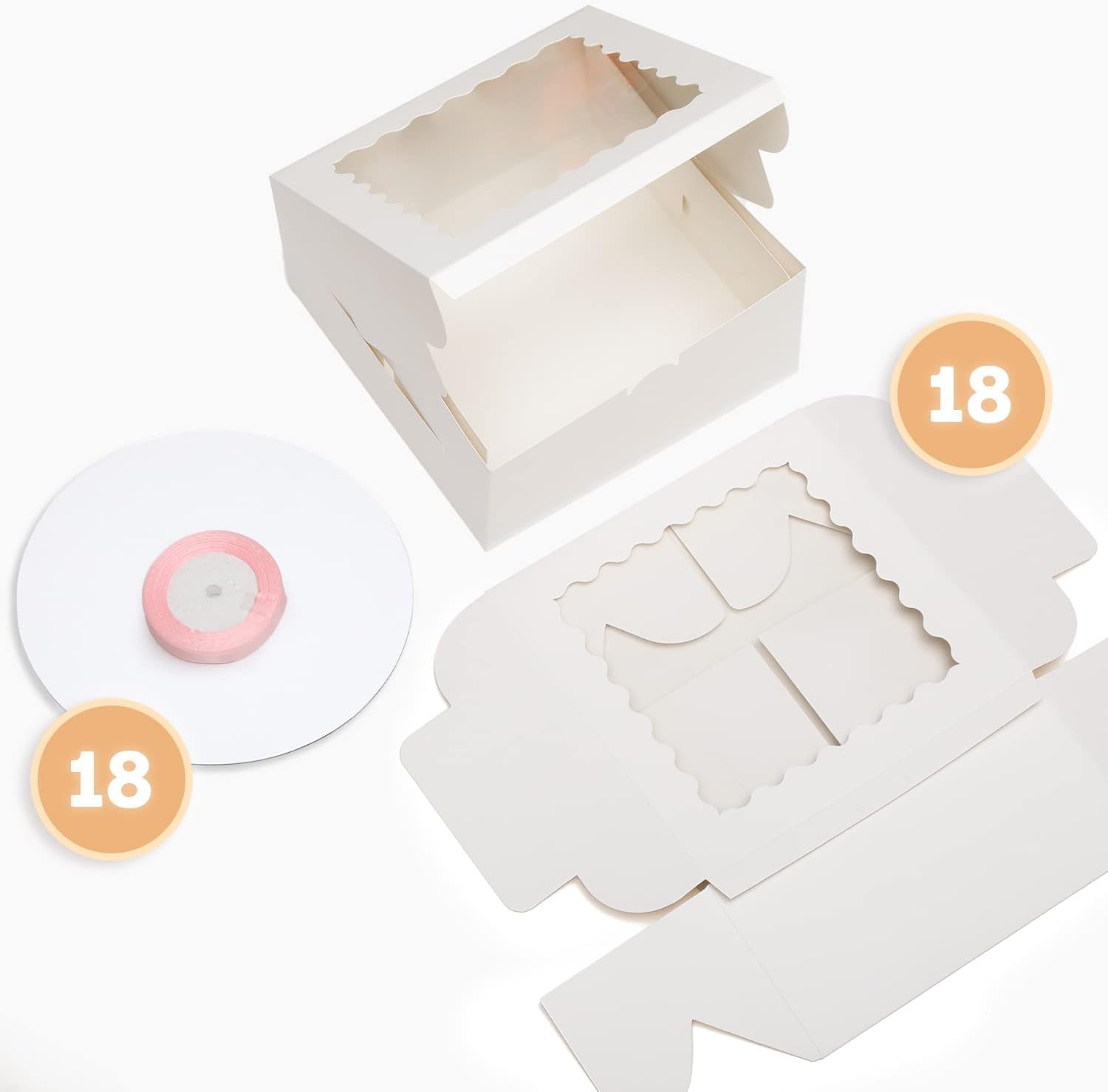 Bakepacker 36pcs 10x10x5 inches Cake Boxes with Window 18-Packs 10 Inch White Bakery Boxes (18 Cake Boxes +18 Cake Boards+10 Meters Silk Ribbon Includes Included)