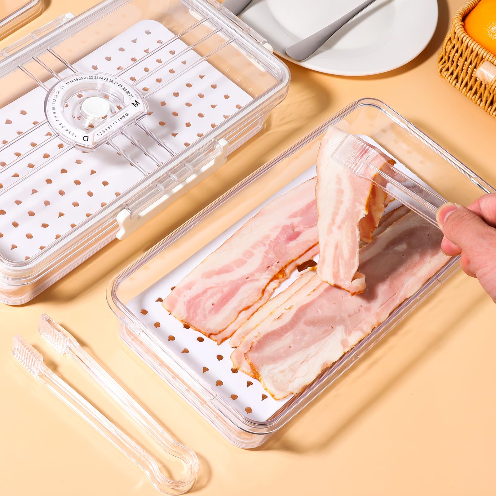 2 Pack Bacon Container with Lids for Refrigerator, Deli Meat Cheese Storage Container with Date Record, Bacon Tray Holder for Fridge, Bacon Saver Keeper with Food Serving Tongs and Drain Plate
