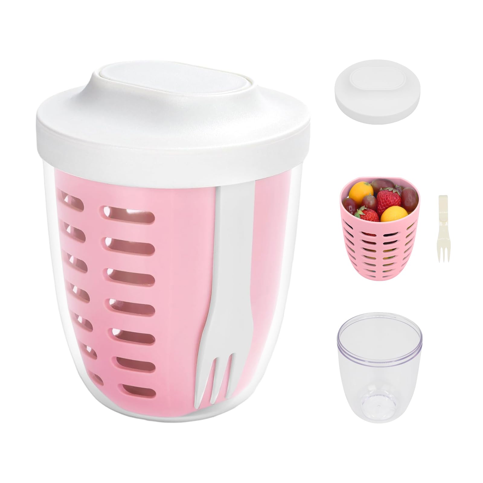 daasigwaa Fresh Fruit Salad Storage Cup To Go With Lids, Fork & Drain Baskets, Reusable Leakproof Food Storage Containers With Removable Colander Keep Fruits, vegetables Fresh Longer, 22 oz(Pink)