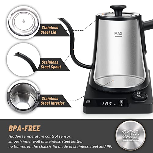 Tosfly Gooseneck Electric Kettle - 1200W 1.0L Pour-Over Kettle with LED Display Stainless Steel Coffee Kettle with Temperature Control Leak-Proof, Automatic Shut Off, Anti-dry Protection Tea Kettle