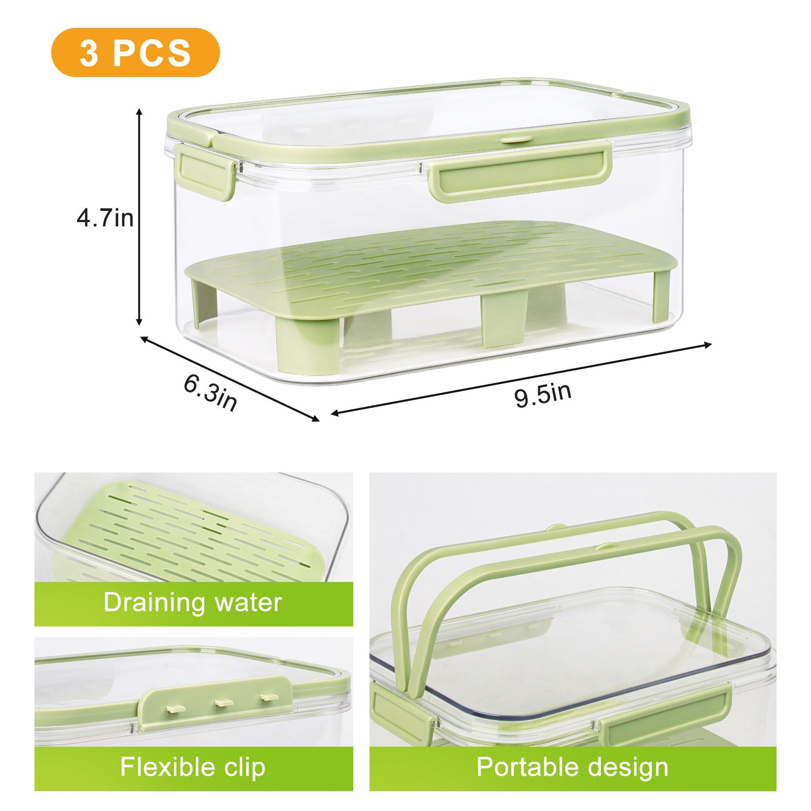 YUNLINLI 3 Pcs Large Fruit Storage Containers For Fridge with Removable Colanders, Airtight Food Storage Containers with Lids, Reusable Produce Saver with Handle, Stackable Plastic Fruit Veggie Saver