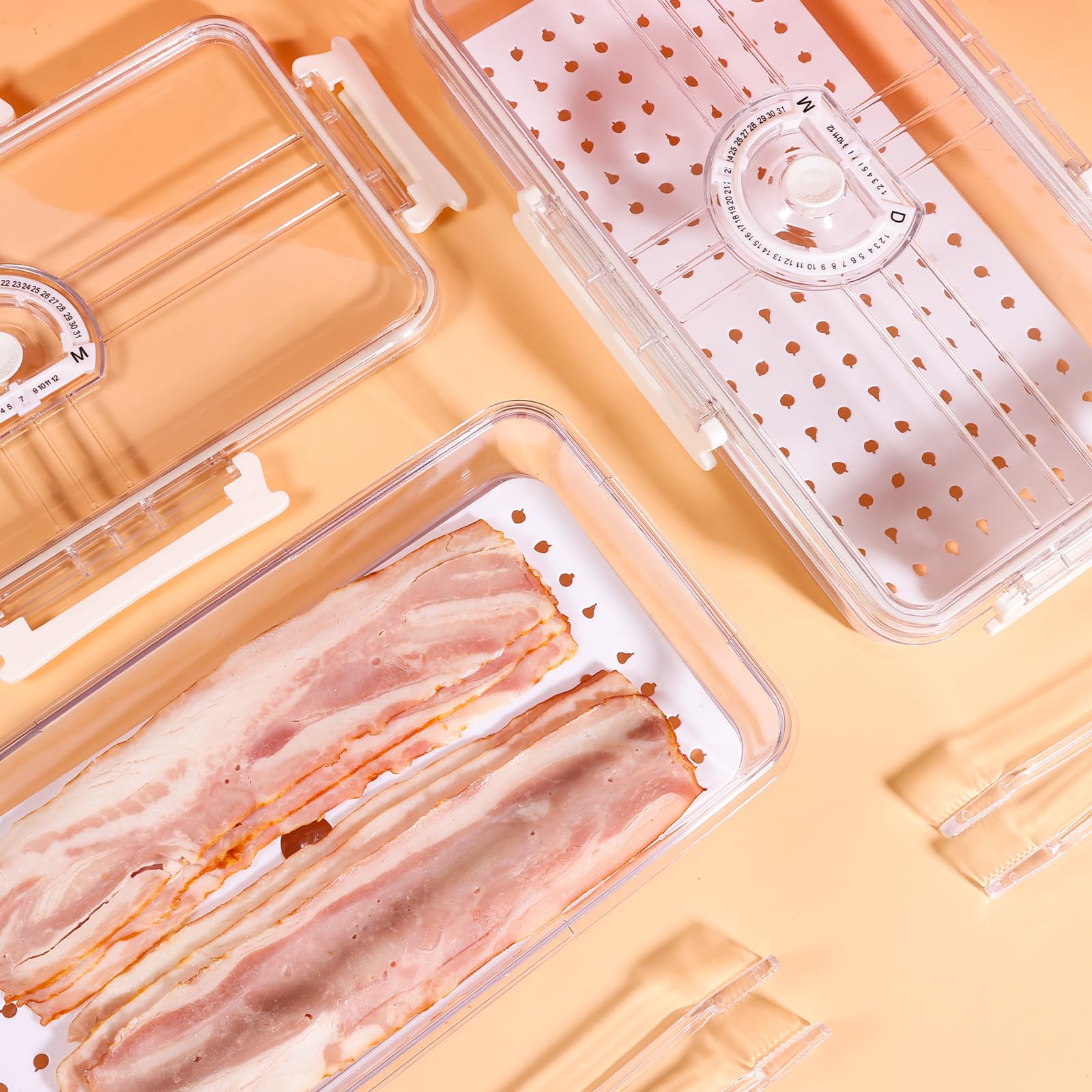 2 Pack Bacon Container with Lids for Refrigerator, Deli Meat Cheese Storage Container with Date Record, Bacon Tray Holder for Fridge, Bacon Saver Keeper with Food Serving Tongs and Drain Plate