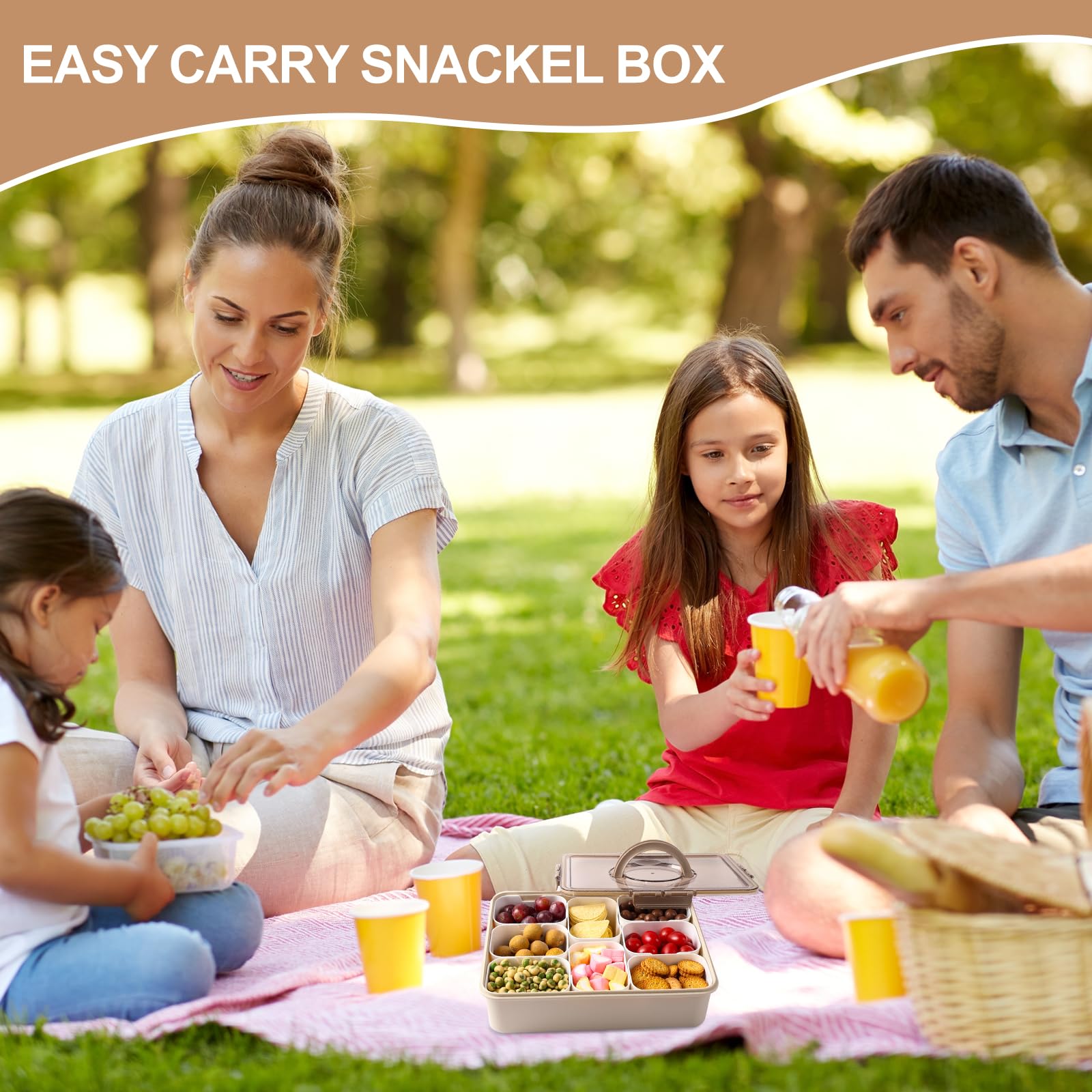 Platters-Snackle Box Charcuterie Container,Divided Serving Tray with Lid and Handle for Fridge,Snack Box Container Portable,8 Compartment Fruits Candy Veggie Trays,Perfect for Party Travel Picnic
