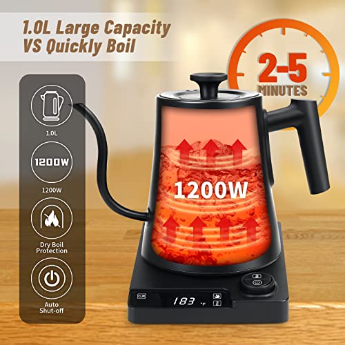 Tosfly Gooseneck Electric Kettle - 1200W 1.0L Pour-Over Kettle with LED Display Stainless Steel Coffee Kettle with Temperature Control Leak-Proof, Automatic Shut Off, Anti-dry Protection Tea Kettle