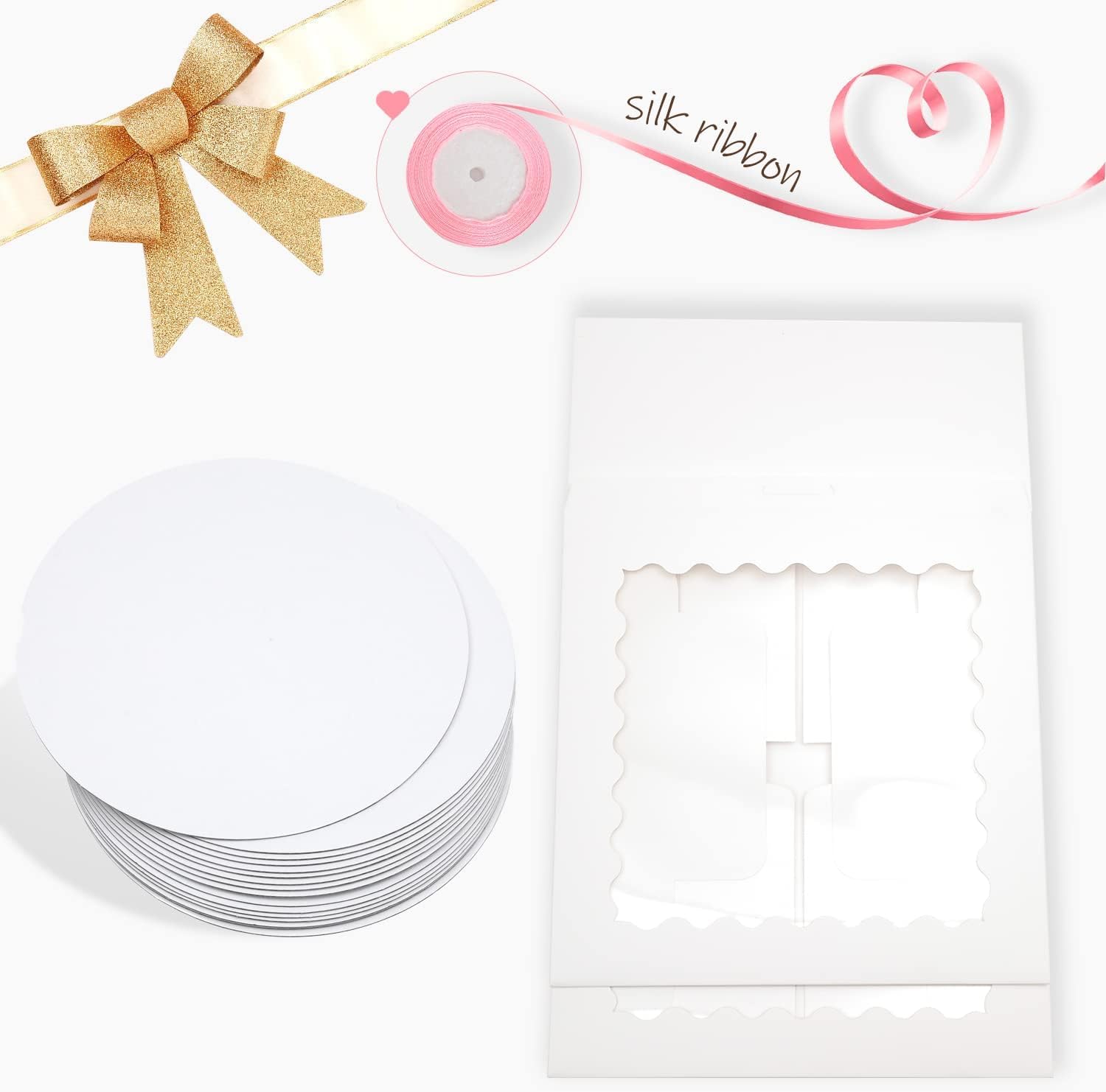 Bakepacker 36pcs 10x10x5 inches Cake Boxes with Window 18-Packs 10 Inch White Bakery Boxes (18 Cake Boxes +18 Cake Boards+10 Meters Silk Ribbon Includes Included)