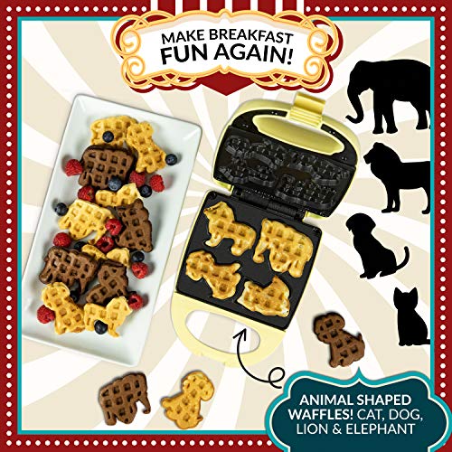 Nostalgia MyMini Personal Electric Animal Circus Waffle Maker, Waffle Iron makes Cat, Dog, Elephant, Lion, Yellow