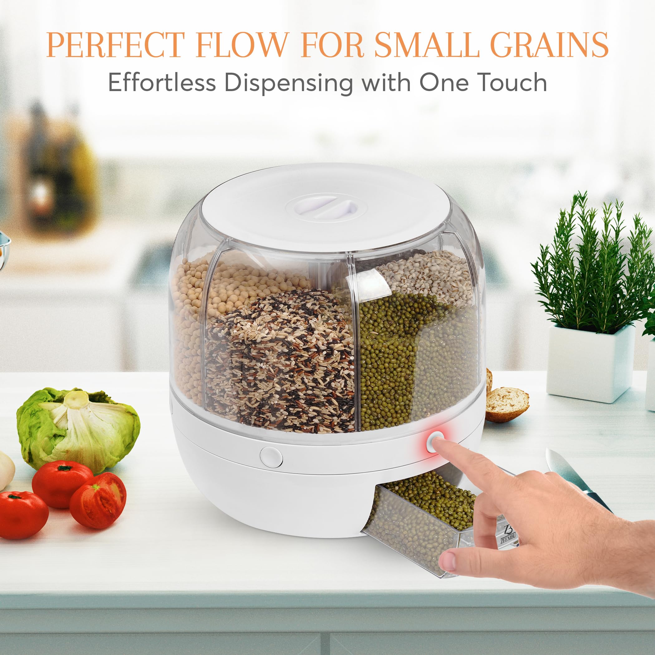 ZEEMBU Grain and Rice Dispenser, 8 Quarts Rotating 360° Kitchen Dry Food Storage Container with 6 Compartments, Easy Disassembly for Cleaning, Compact Design