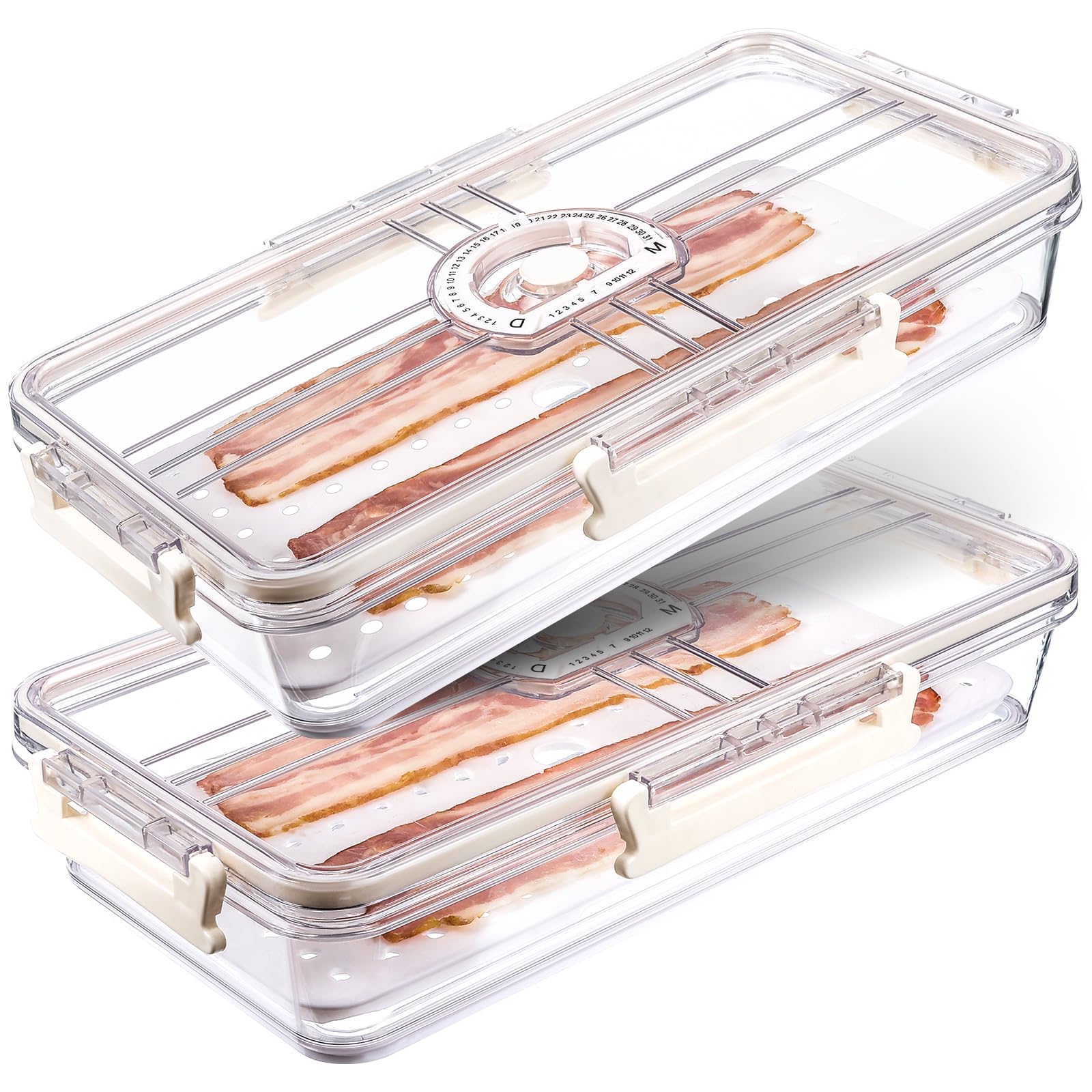2 Pack Bacon Container with Lids for Refrigerator, Deli Meat Cheese Storage Container with Date Record, Bacon Tray Holder for Fridge, Bacon Saver Keeper with Food Serving Tongs and Drain Plate