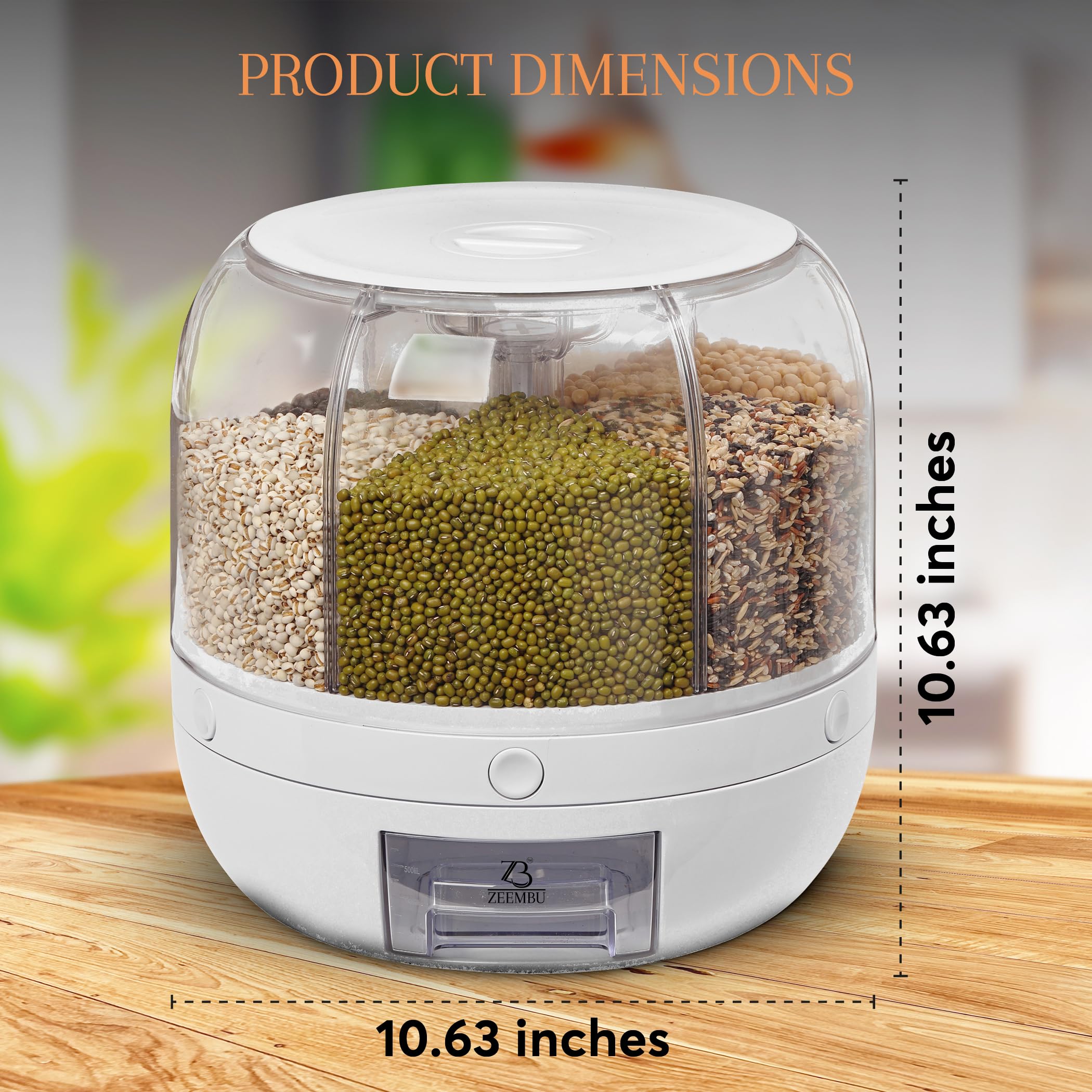 ZEEMBU Grain and Rice Dispenser, 8 Quarts Rotating 360° Kitchen Dry Food Storage Container with 6 Compartments, Easy Disassembly for Cleaning, Compact Design