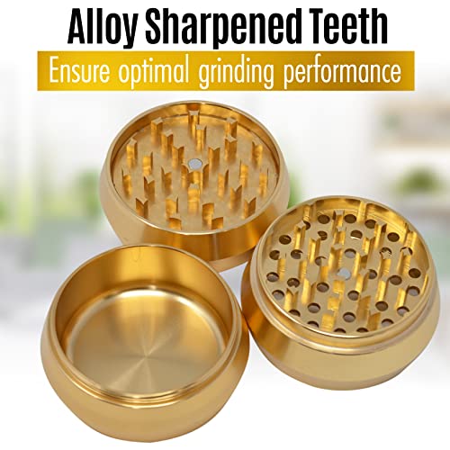 Herb Grinder - Big Aluminum Spice Grinder Mill in Velvet Bag - 3-Piece Metal Grinder with Sharp Teeth, Magnetic Lid - Easy to Use Manual Herbal Grinder - Decorative Dry Herb Grinders β Gold