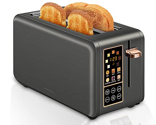 SEEDEEM Toaster 4 Slice, Long Slot Toaster with LCD Display Touch Buttons, 7 Shade Settings, 6 Bread Selection, Stainless Steel Toaster for Bagel, Defrost, Cancel, Removable Crumb Tray, 1400W, Dark Metallic