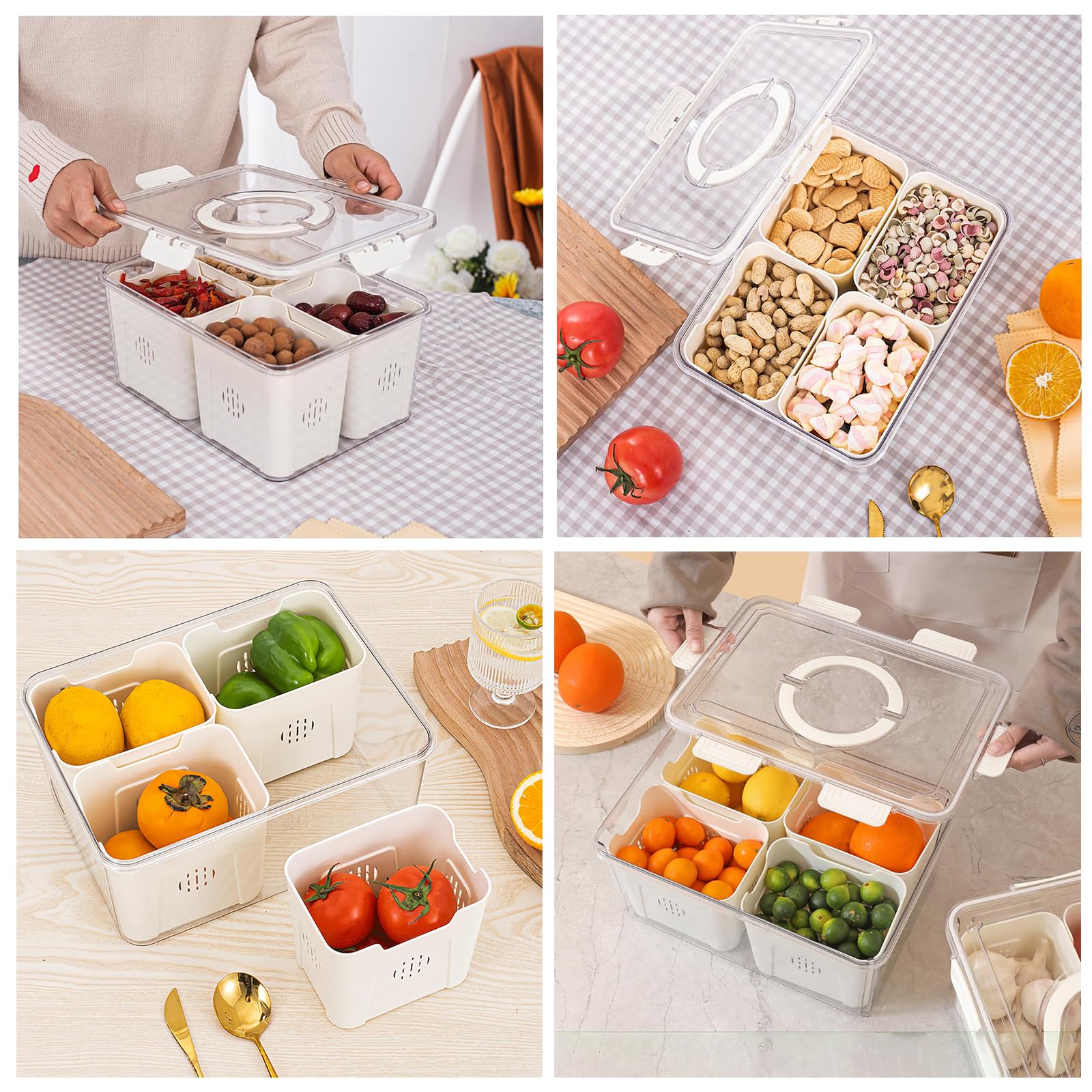 Rzmyencg Fruit Storage Containers for Fridge with Lids and Handle,Refrigerator Organizer Bins,with 4 Removable Colanders,Food Divided Serving Tray with Lid,BPA-Free Vegetable Fresh Produce Saver