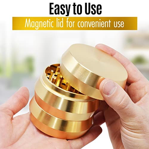 Herb Grinder - Big Aluminum Spice Grinder Mill in Velvet Bag - 3-Piece Metal Grinder with Sharp Teeth, Magnetic Lid - Easy to Use Manual Herbal Grinder - Decorative Dry Herb Grinders β Gold