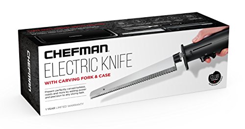 Chefman Electric Knife with Bonus Carving Fork & Space Saving Storage Case Included One Touch, Durable 8 Inch Stainless Steel Blades, Rubberized Black Handle, BPA Free, 120 Volts and Watts