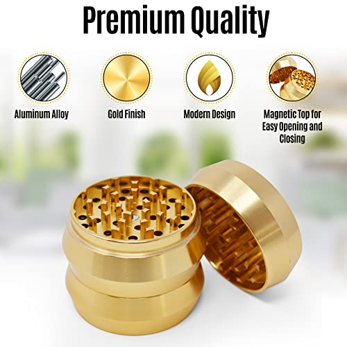 Herb Grinder - Big Aluminum Spice Grinder Mill in Velvet Bag - 3-Piece Metal Grinder with Sharp Teeth, Magnetic Lid - Easy to Use Manual Herbal Grinder - Decorative Dry Herb Grinders β Gold