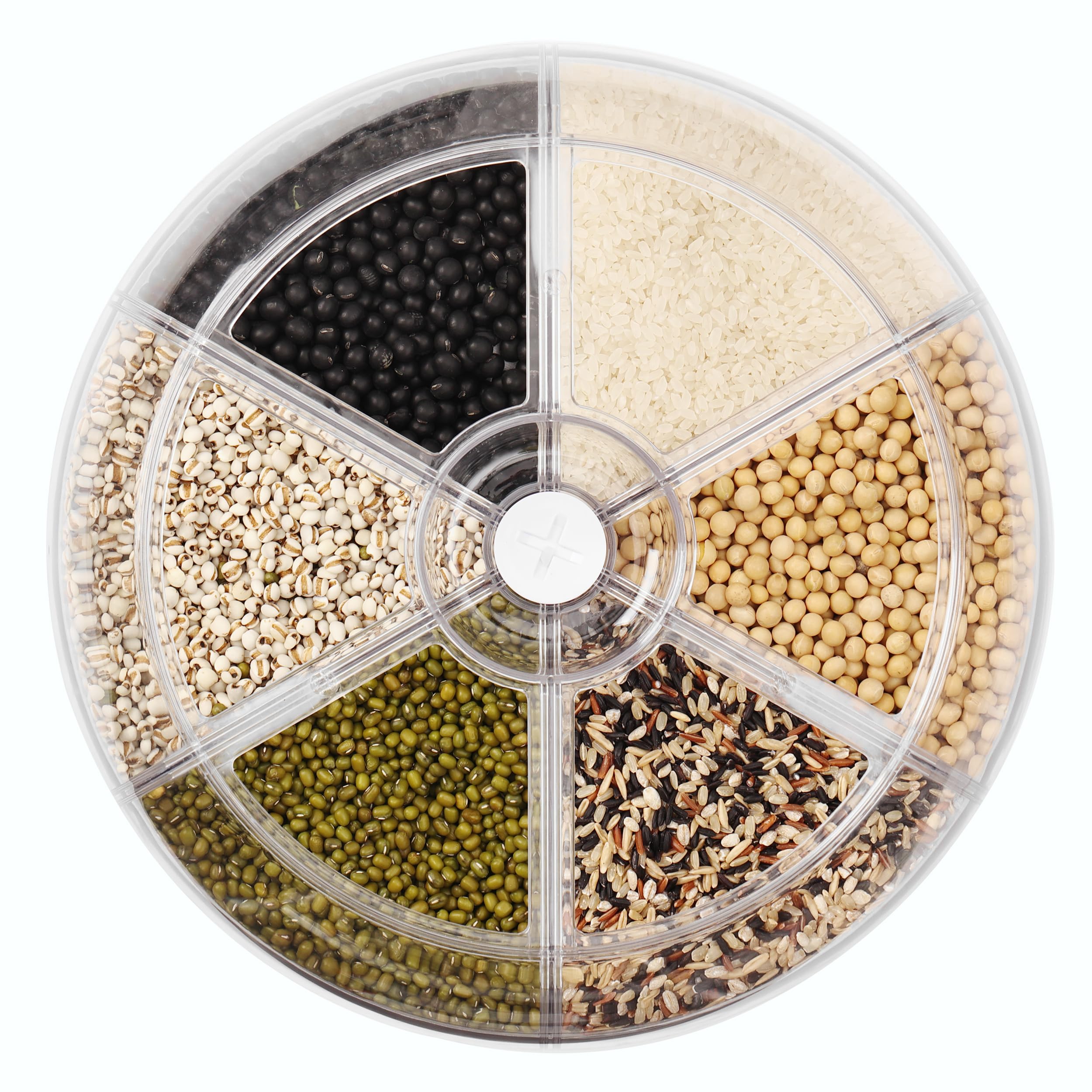 ZEEMBU Grain and Rice Dispenser, 8 Quarts Rotating 360° Kitchen Dry Food Storage Container with 6 Compartments, Easy Disassembly for Cleaning, Compact Design