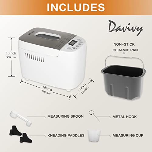 Davivy Bread Maker Machine 3LB with 2 Dough Kneading Paddle Dough Maker,15-in-1 Automatic Bread Machine Maker with Nonstick Bowl For Bread, Jam& Yogurt, 3 Loaf Sizes and 3 crust settings,15-H Delay Timer(850W,Silver,3.3LB)