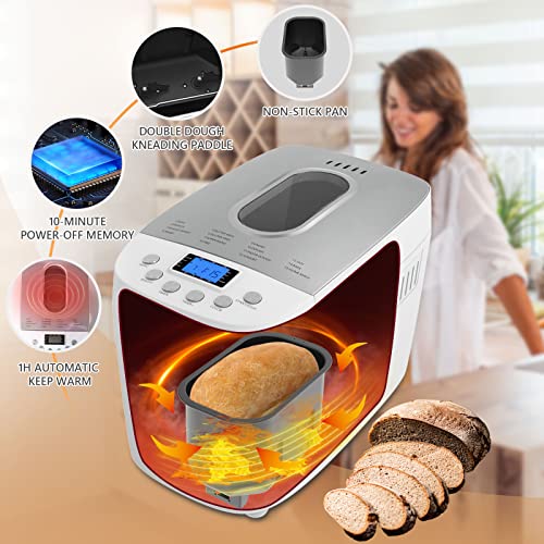 Davivy Bread Maker Machine 3LB with 2 Dough Kneading Paddle Dough Maker,15-in-1 Automatic Bread Machine Maker with Nonstick Bowl For Bread, Jam& Yogurt, 3 Loaf Sizes and 3 crust settings,15-H Delay Timer(850W,Silver,3.3LB)