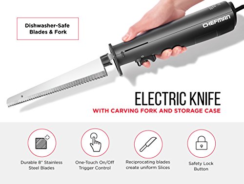 Chefman Electric Knife with Bonus Carving Fork & Space Saving Storage Case Included One Touch, Durable 8 Inch Stainless Steel Blades, Rubberized Black Handle, BPA Free, 120 Volts and Watts
