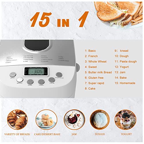 Davivy Bread Maker Machine 3LB with 2 Dough Kneading Paddle Dough Maker,15-in-1 Automatic Bread Machine Maker with Nonstick Bowl For Bread, Jam& Yogurt, 3 Loaf Sizes and 3 crust settings,15-H Delay Timer(850W,Silver,3.3LB)
