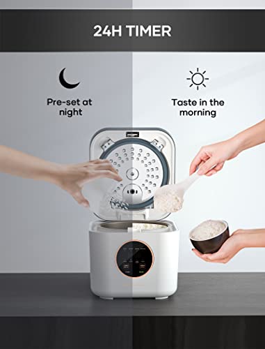 Rice Cooker, Mini Rice Cooker with Keep Warm, 3 Cups (Uncooked), Smart Fuzzy Logic, 24-H Delay Timer, Nonstick Inner Pot, for Soft White Rice, Brown Rice, Sushi, Porridge (Small)