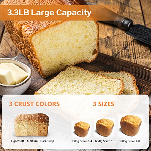 Davivy Bread Maker Machine 3LB with 2 Dough Kneading Paddle Dough Maker,15-in-1 Automatic Bread Machine Maker with Nonstick Bowl For Bread, Jam& Yogurt, 3 Loaf Sizes and 3 crust settings,15-H Delay Timer(850W,Silver,3.3LB)
