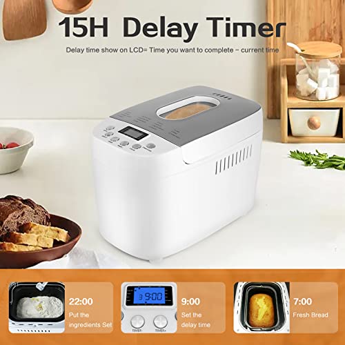 Davivy Bread Maker Machine 3LB with 2 Dough Kneading Paddle Dough Maker,15-in-1 Automatic Bread Machine Maker with Nonstick Bowl For Bread, Jam& Yogurt, 3 Loaf Sizes and 3 crust settings,15-H Delay Timer(850W,Silver,3.3LB)