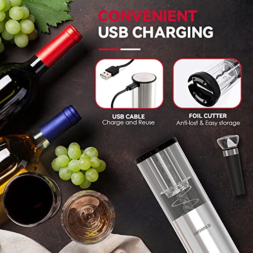 EUHOMY Electric Wine Opener with USB Charging,Reusable Stainless Steel Cordless Electric Wine Bottle Opener SET with 2-in-1 Aerator &Pourer, Foil Cutter, Vacuum Preservation Stoppers