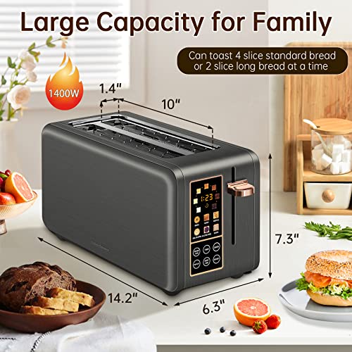 SEEDEEM Toaster 4 Slice, Long Slot Toaster with LCD Display Touch Buttons, 7 Shade Settings, 6 Bread Selection, Stainless Steel Toaster for Bagel, Defrost, Cancel, Removable Crumb Tray, 1400W, Dark Metallic
