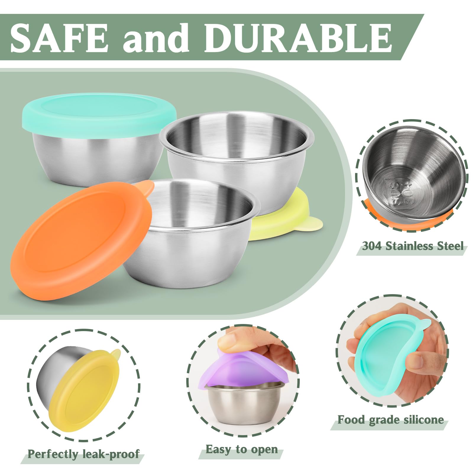 Milifox 6 Pack 1.7oz Stainless Steel Salad Dressing Containers To Go Stainless Steel Condiment Sauce Cups Container Small Reusable Dipping Cup with Leakproof Silicone Lids