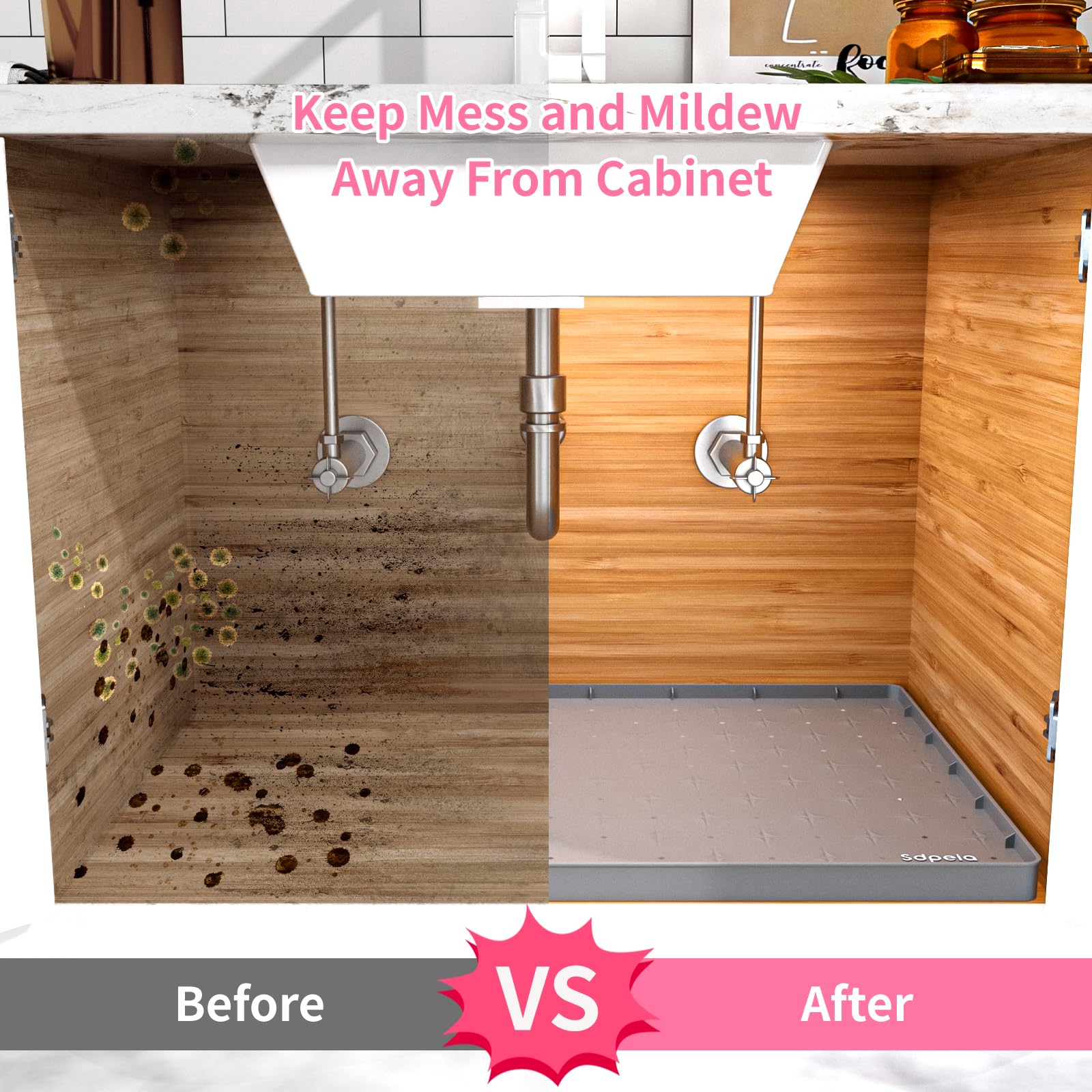 Sdpeia Under Sink Mat for [22" x 22"] Cabinet, Upgraded Silicone Waterproof Mat Kitchen Cabinet Liner Cabinet Protector Kitchen Organizers and Storage