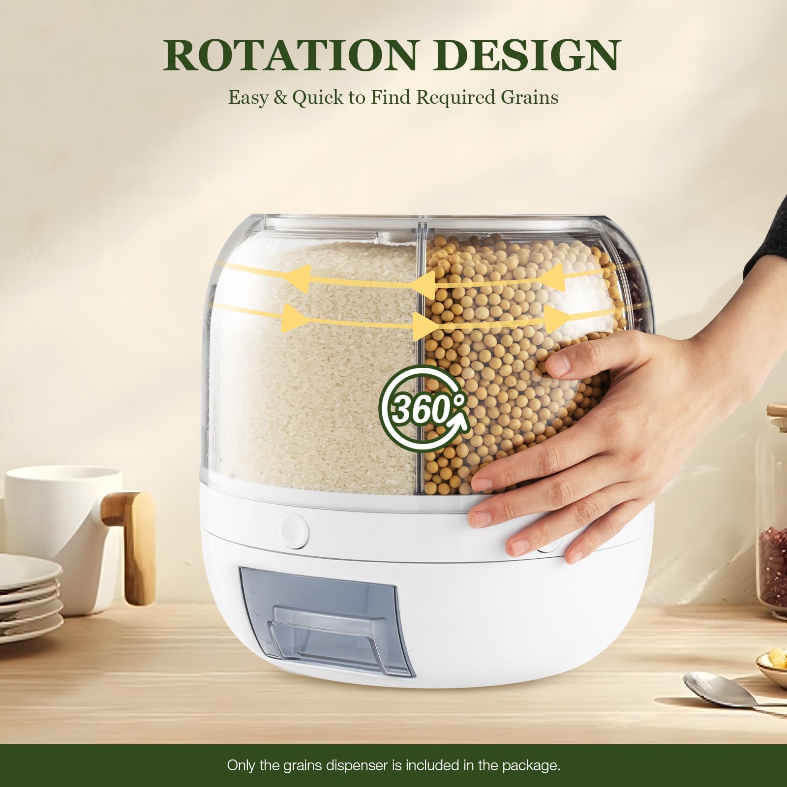 Ageanbri Grain Storage Container Dispenser, 6 Grids rice dispenser rotating, 360° rotating food dispenser One-Click Output rice Storage Round Grain Dispenser Kitchen for Small Grains, Beans, Rice