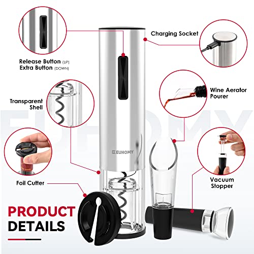 EUHOMY Electric Wine Opener with USB Charging,Reusable Stainless Steel Cordless Electric Wine Bottle Opener SET with 2-in-1 Aerator &Pourer, Foil Cutter, Vacuum Preservation Stoppers