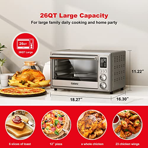Galanz Combo 8-in-1 Air Fryer Toaster Oven, Convection Oven with Pizza & Dehydrator, 4 Accessories Included, 1800W, 26 Quart Large, Stainless Steel