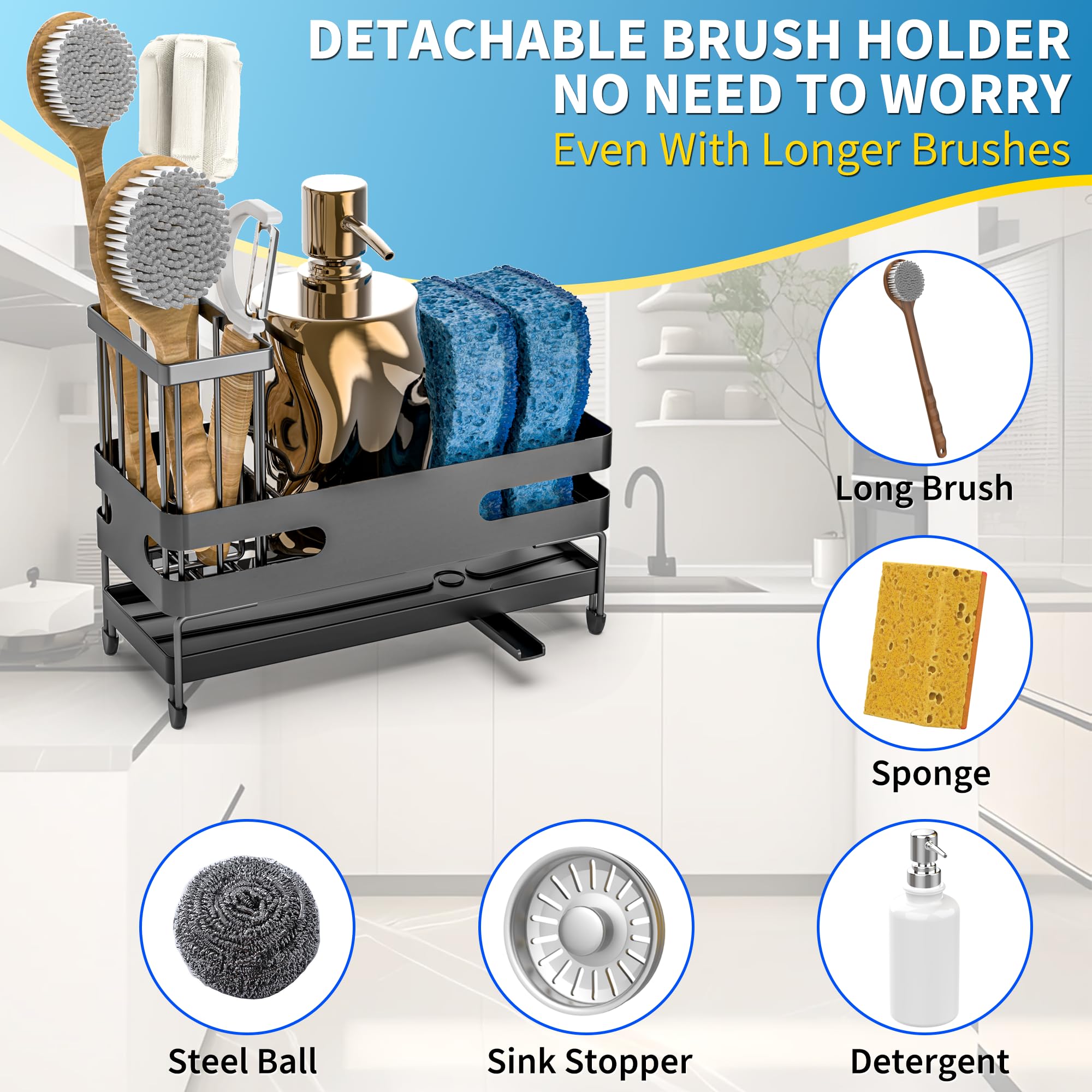 galasily Kitchen Sink Caddy Sponge Holder for Kitchen Sink with Brush Holder and Stainless Steel Self Drain Tray, Rustproof Kitchen Sink Organizer for Sponge, Kitchen Accessories (Black, Large)