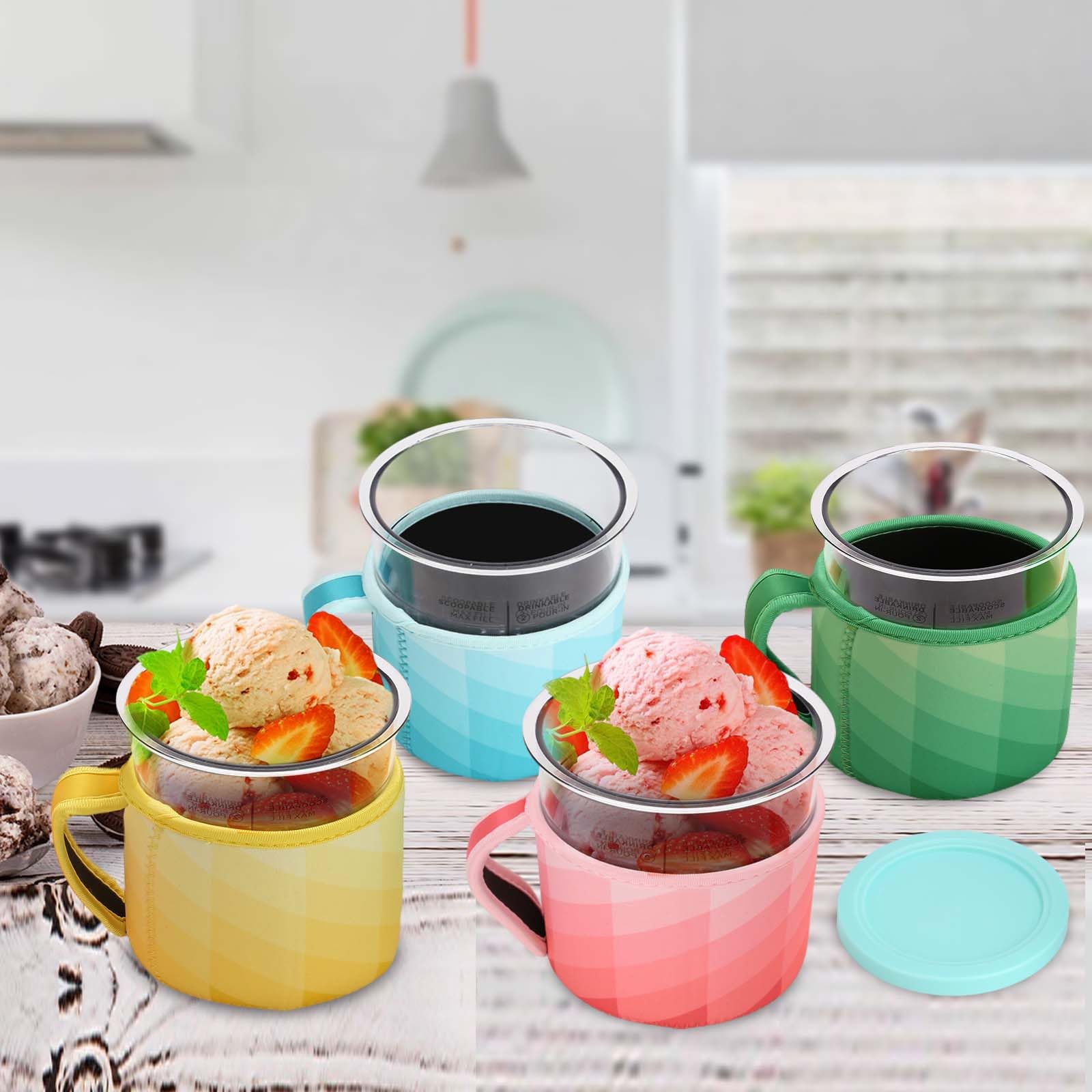OVRRCSME Deluxe Ice Cream Pints Neoprene Sleeves 4 Pack,Compatible with Ninja Creami NC501 NC500 Series 24oz Ice Cream Maker Containers (24oz 4 Cups+4 Sleeve)