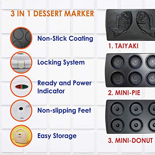 Mini-Donuts Maker, Mini-Pie and Quiche Maker, Taiyaki Maker β NEW 3 in 1 Three Slices Detachable Dessert Maker by StarBlue β White AC 110-120V 50/60Hz 700-800W