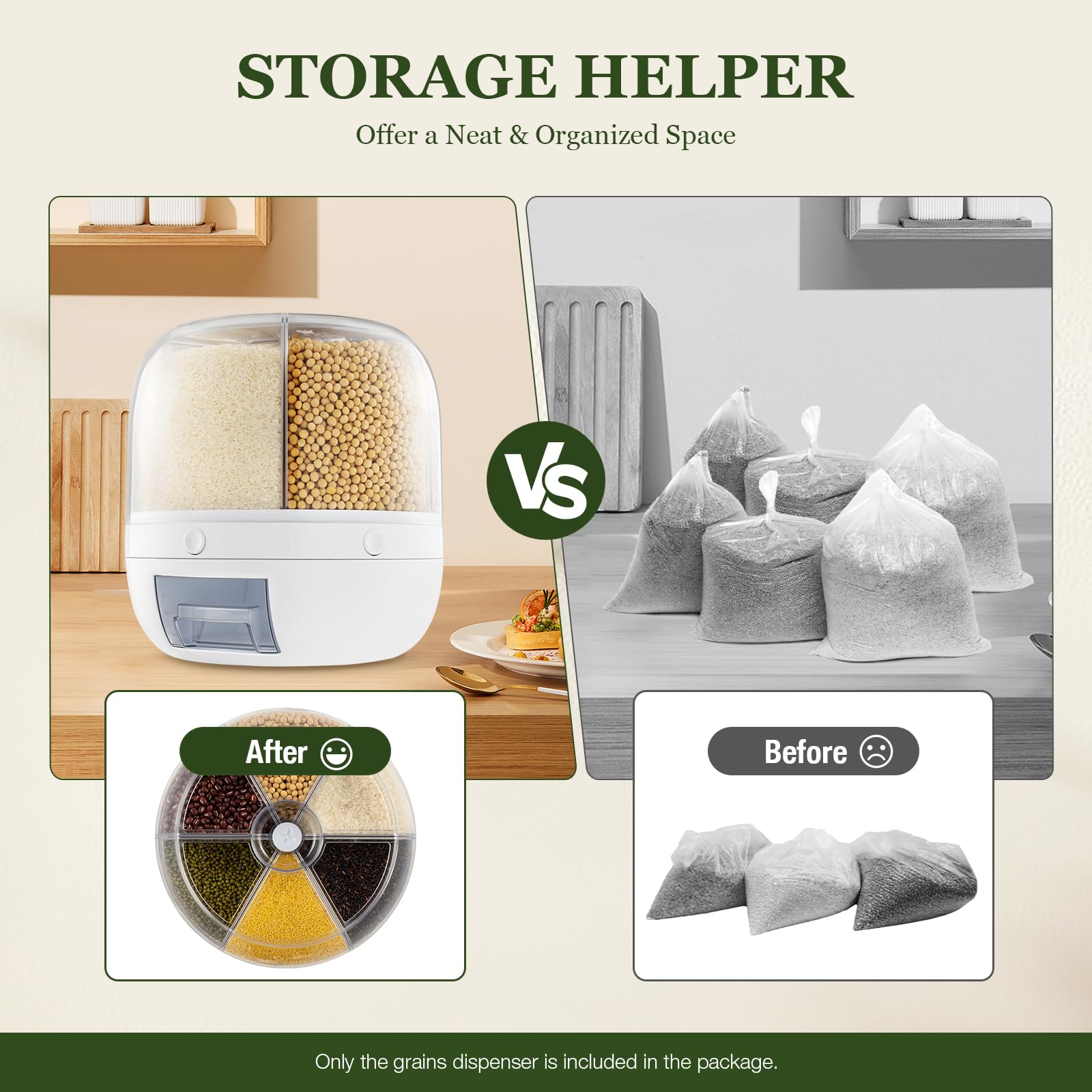 Ageanbri Grain Storage Container Dispenser, 6 Grids rice dispenser rotating, 360° rotating food dispenser One-Click Output rice Storage Round Grain Dispenser Kitchen for Small Grains, Beans, Rice