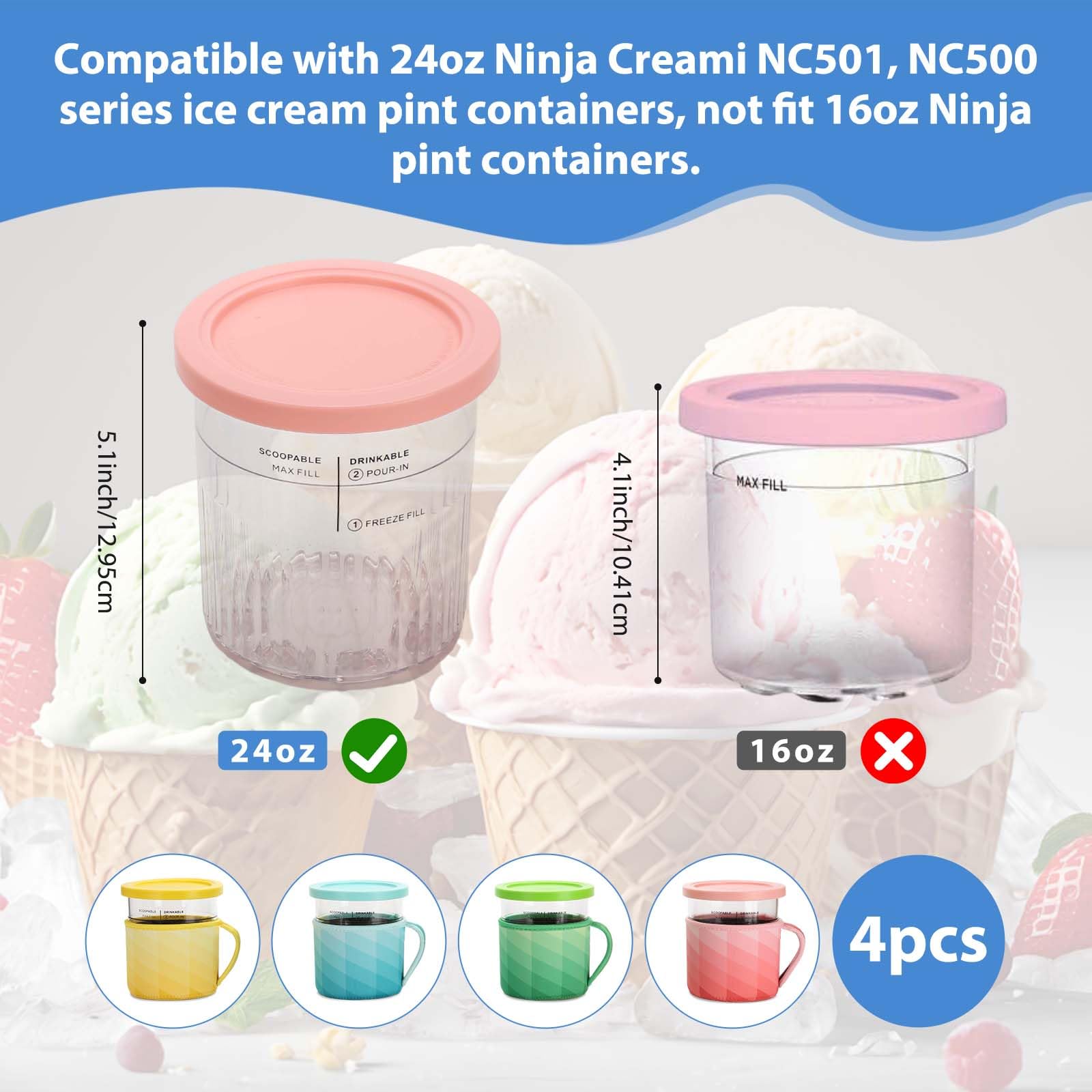 OVRRCSME Deluxe Ice Cream Pints Neoprene Sleeves 4 Pack,Compatible with Ninja Creami NC501 NC500 Series 24oz Ice Cream Maker Containers (24oz 4 Cups+4 Sleeve)