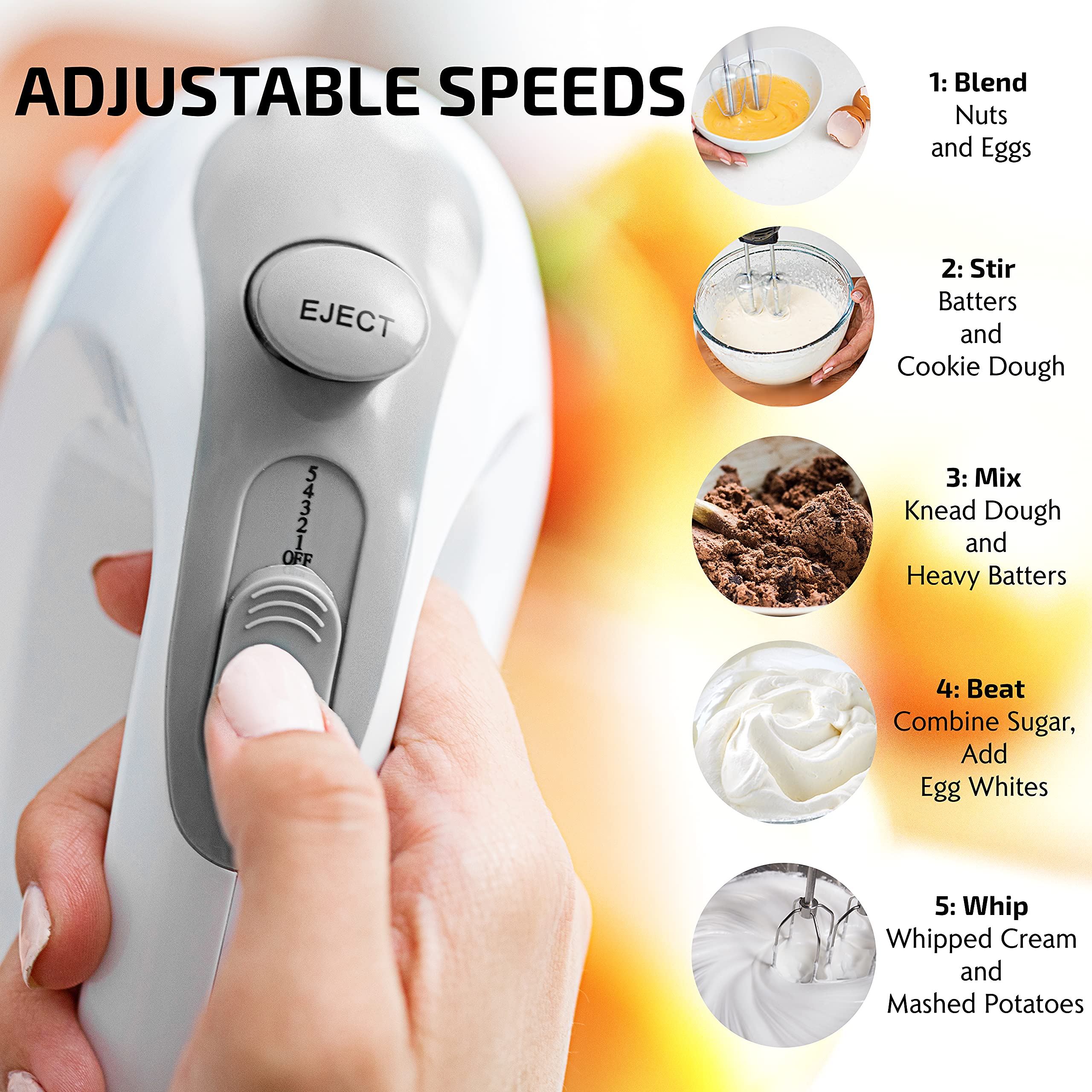 Ovente Portable 5 Speed Mixing Electric Hand Mixer with Stainless Steel Whisk Beater Attachments & Snap Storage Case, Compact Lightweight 150 Watt Powerful Blender for Baking & Cooking, White HM151W