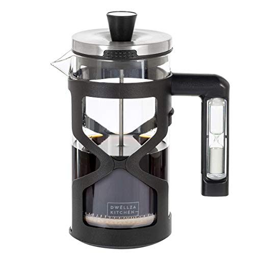 DWĆLLZA KITCHEN French Press Coffee Maker - with 3 Minute Timer Handle, 34 Ounce, Triple Filtration System, Includes 2 Additional Filters, Glass Coffee French Press with Black Shell Protecting