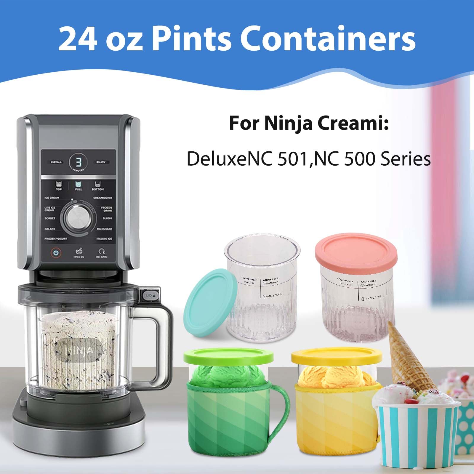 OVRRCSME Deluxe Ice Cream Pints Neoprene Sleeves 4 Pack,Compatible with Ninja Creami NC501 NC500 Series 24oz Ice Cream Maker Containers (24oz 4 Cups+4 Sleeve)